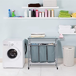 ALIMORDEN Laundry Sorter with Ironing Board Iron Rack Rolling Laundry Basket with Side pull 3-Bag Heavy-Duty Laundry Room Organizer Clothes Hamper with 4 Wheels and lid Blue Grey