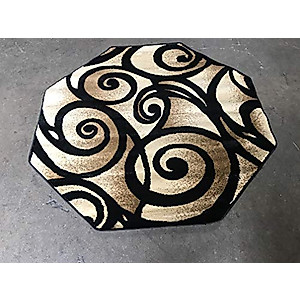 Bellagio Modern Octagon Contemporary Area Rug Black Swirl Design 341 (4 Feet X 4 Feet )