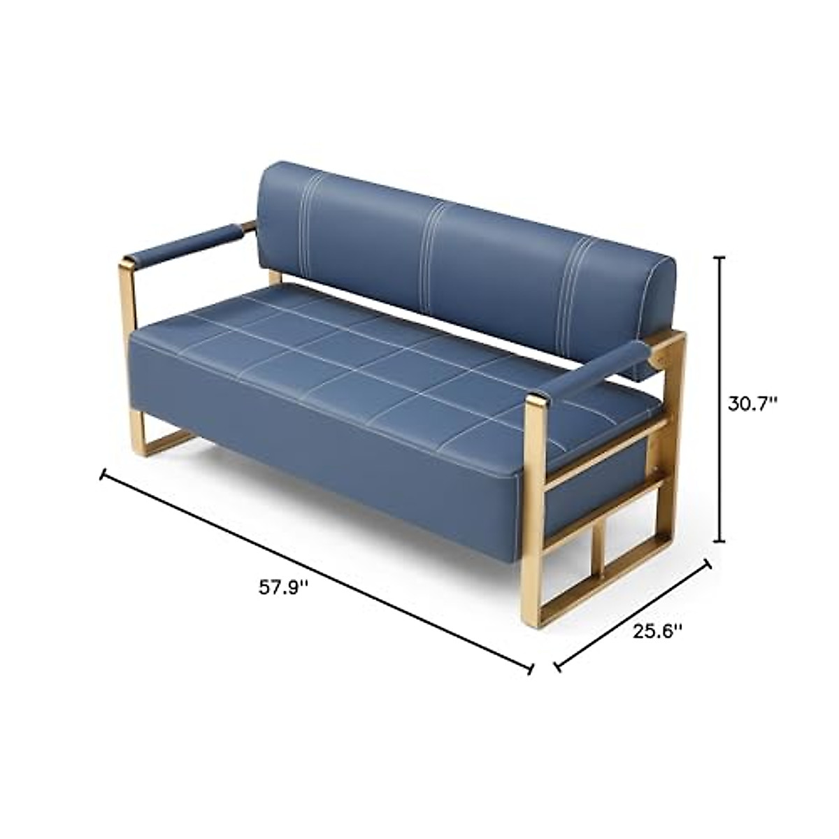 BIAYE Set 57.9" Width Modern Upholstery Faux Bonded Leather Loveseat Living Room Accent Love Seats for Small Spaces 2 Seater Couch Sofa Studio Furniture with Golden Metal Arms,Blue