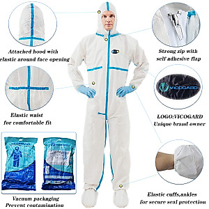 Vicogard Disposable Coverall,Safety Protective Coveralls Full Body Protective from Hazmat and Contamination,Sealed Seams with Tape,Front Zipper Elastic Cuffs & Ankles Isolation Suit with Hood