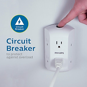 Philips 6-Outlet Extender, Grounded Wall Tap, Reset Button, Circuit Breaker, Adapter Spaced Outlets, 3-Prong, Multiple Plug, Quick and Easy Install, Cruise Essentials, UL Listed, White, SPS1460WA/37