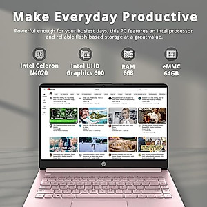 HP Stream 14 Inch Laptop for College Students, School, Intel Celeron N4020, 8GB RAM, 64GB eMMC, Windows 11, Office 365 1 Year, Pink, PCM