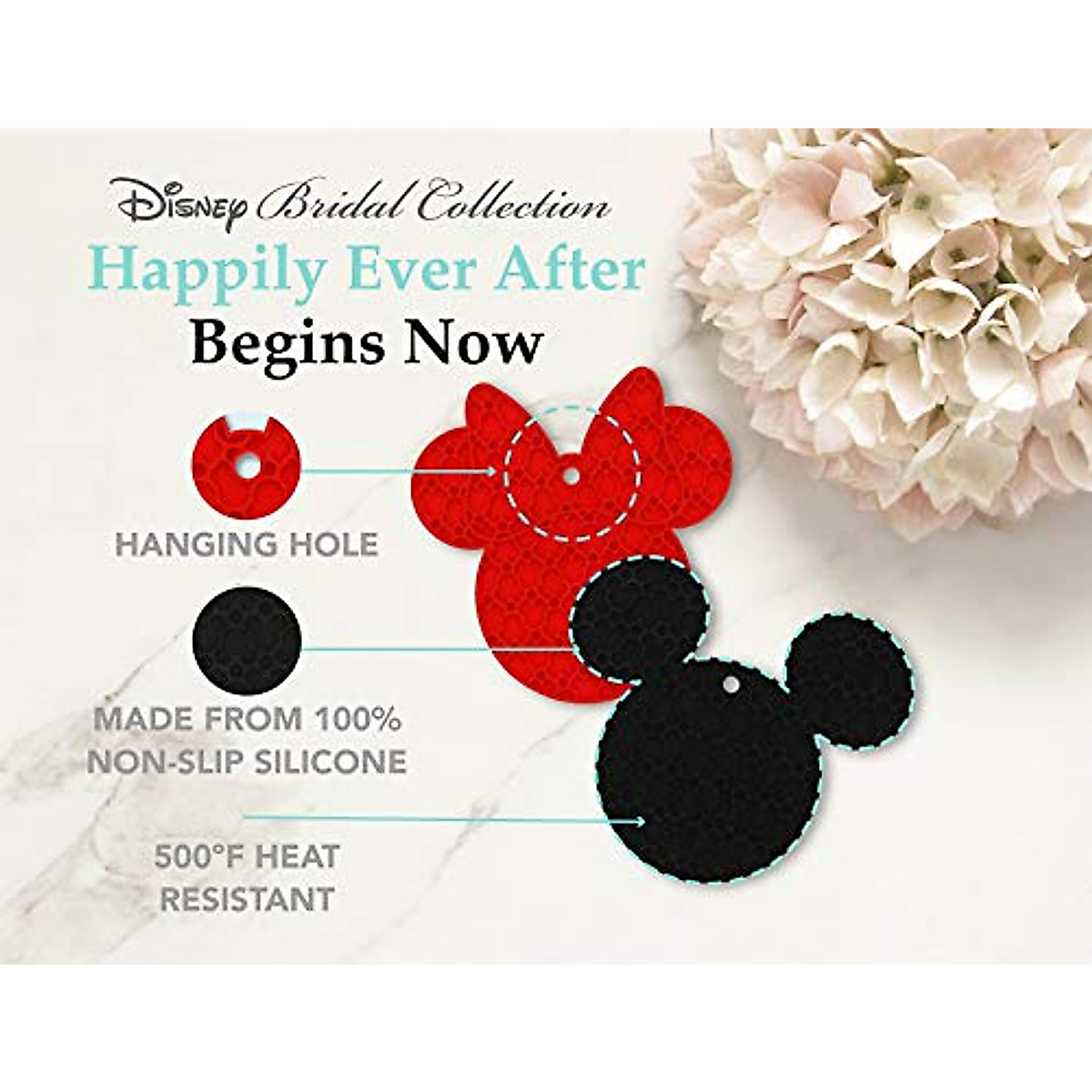 Disney Mickey and Minnie Mouse 100% Silicone Trivets, 2pk - Multipurpose Flexible Kitchen Tools that Serve as Pot Holders, Spoon Rest, Jar Opener, or Heat Resistant Hot Pads up to 500 degrees F