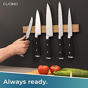 CUCINO Magnetic Knife Holder for Wall 16" No Drilling incl. Self Adhesive Tape - Extra strong Knife Holder - Awarded Knife Magnetic Strip - Made of Bamboo