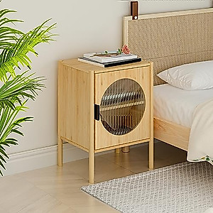 15.75" Bamboo Nightstand with 1 Door, Mid Century Modern Night Stand for Bedrooms, Bedside Table, Accent End Table, Side Table with Non-Slip Feet,Back Panel Buckle and 3 Adjustable Gears