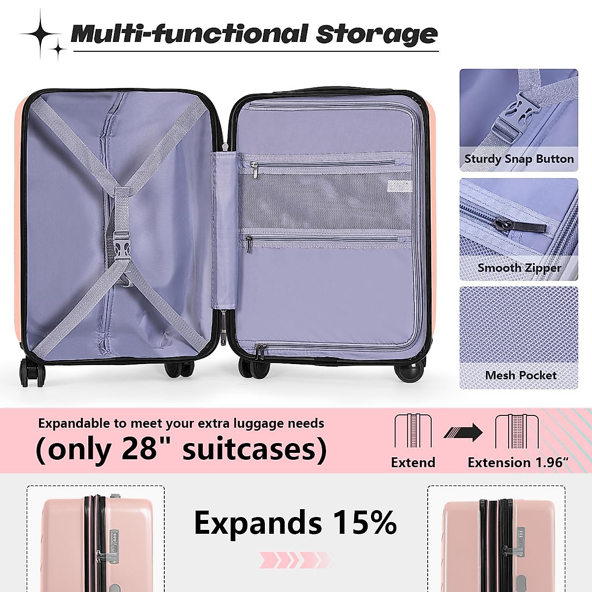 AnyZip Carry On Luggage 20'' Suitcase with Pocket Compartment ABS+PC Spinner Wheels TSA Lock Pink