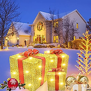 BUDO Set of 3 Christmas Lighted Gift Boxes, 100 LED Light Up Warm White Gold Tinsel Box Decorations with Red Bow for Outdoor Indoor Christmas Tree Yard Home Decor, 6/8/10 Inch