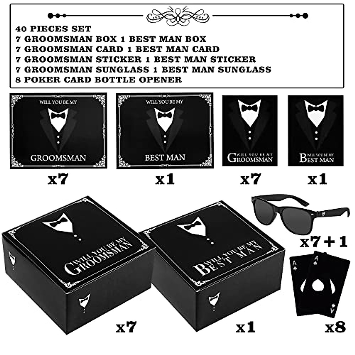 40 Pieces Groomsmen Proposal Box Set of 8 Groomsmen Box 8x8x4 inch With 8 Will You Be My Groomsman Labels and 8 Groomsmen Proposal Cards 8 Sunglasses （7 Groomsmen, 1 Best Men ）and 8 Poker Card Beer Bottle Opener Cap
