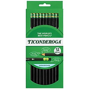Ticonderoga Wood-Cased Pencils, Unsharpened, 2 HB Soft, Black, 12 Count