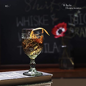 WHOLE HOUSEWARES | Coloured Green Vintage Wine Glass Goblet | 8.5 oz Embossed Design | Wedding, Party Glass Set of 6 (Green)