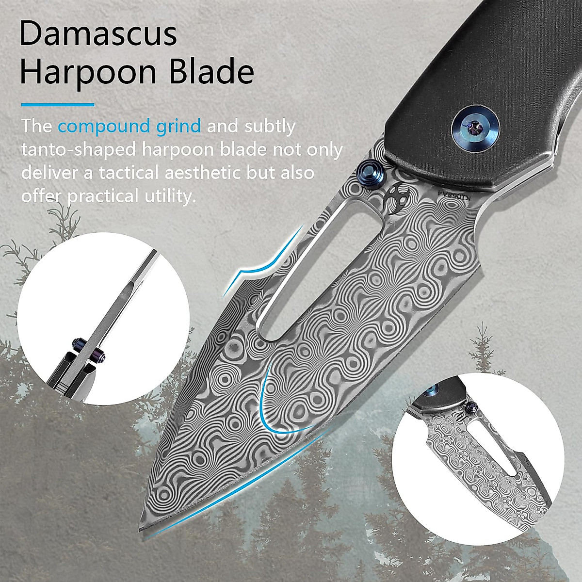 KANSEPT Link Pocket Folding Knives for Men EDC Camping Hiking Folding Knife for Men Women 3'' Damascus Blade Material Pocke Knife with Blackwash Titanium Handle Everyday Carry K1068A4