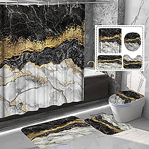 4Pcs Black Marble Shower Curtain Sets, Bathroom Sets with Shower Curtain and Rugs and Accessories, Rug Toilet Lid Cover and Non-Slip U Shape Mat, Waterproof Shower Curtain with 12 Hooks, 72" x 72"