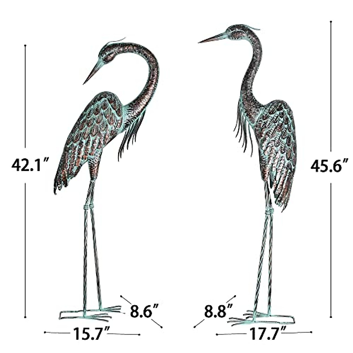 Kircust Garden Crane Statues, Standing Metal Patina Heron Decoy Outdoor Statue, 42-46 Inch Bird Yard Art for Patio Lawn Pond, Set of 2