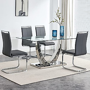 Glass Dining Table for 6 People, 62.8" Modern Kitchen Dining Room Table with Rectangular Tempered Glass Tabletop and U-Shape Pedestal Base,Large Dinner Pedestal Table for Dining Room