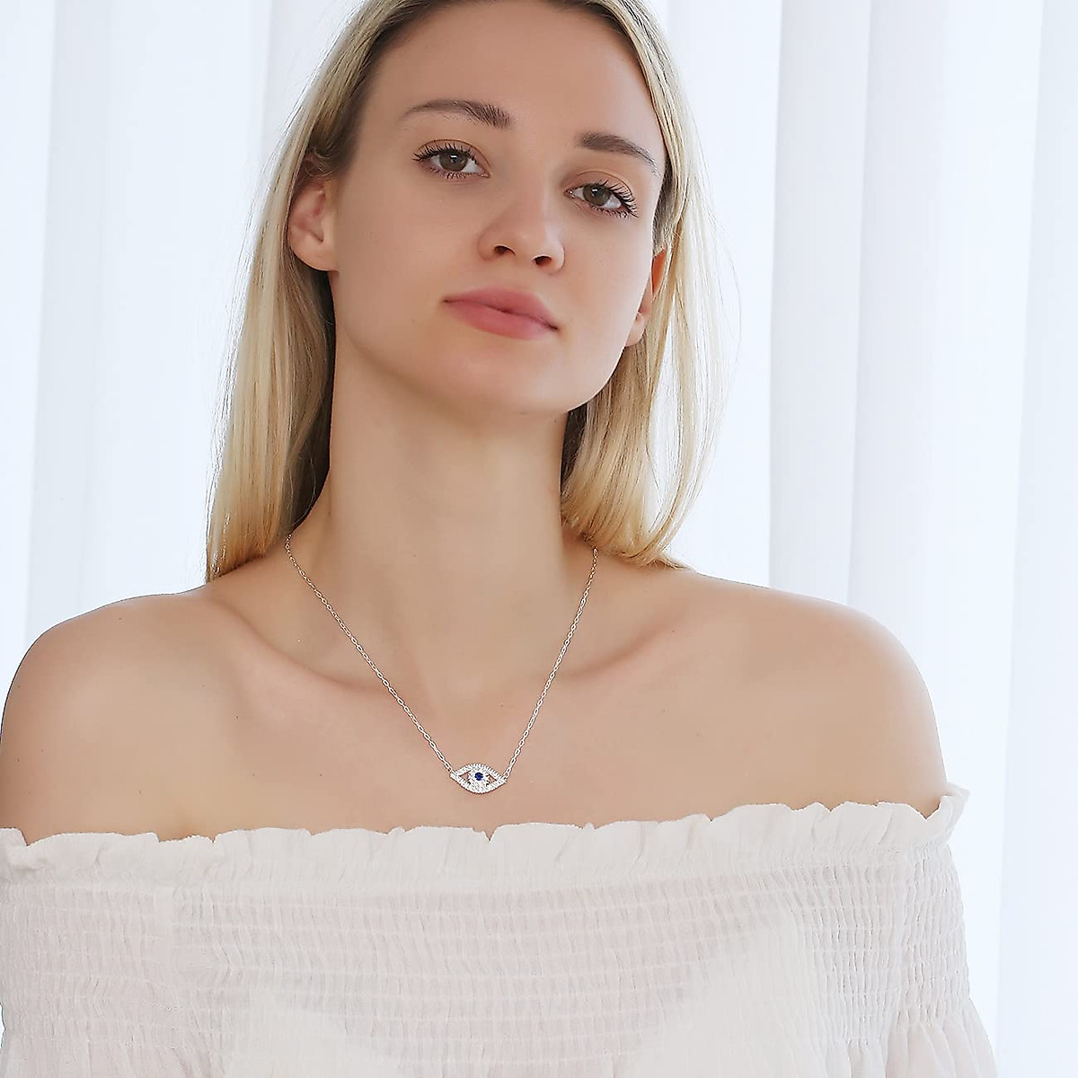 Apsvo Silver Anti Evil Eye Necklace for Women, Cubic Zirconia Dainty Third Eye Pendant Chain Simple Ojo Trendy Jewelry Protection Valentines Day Gifts for Her