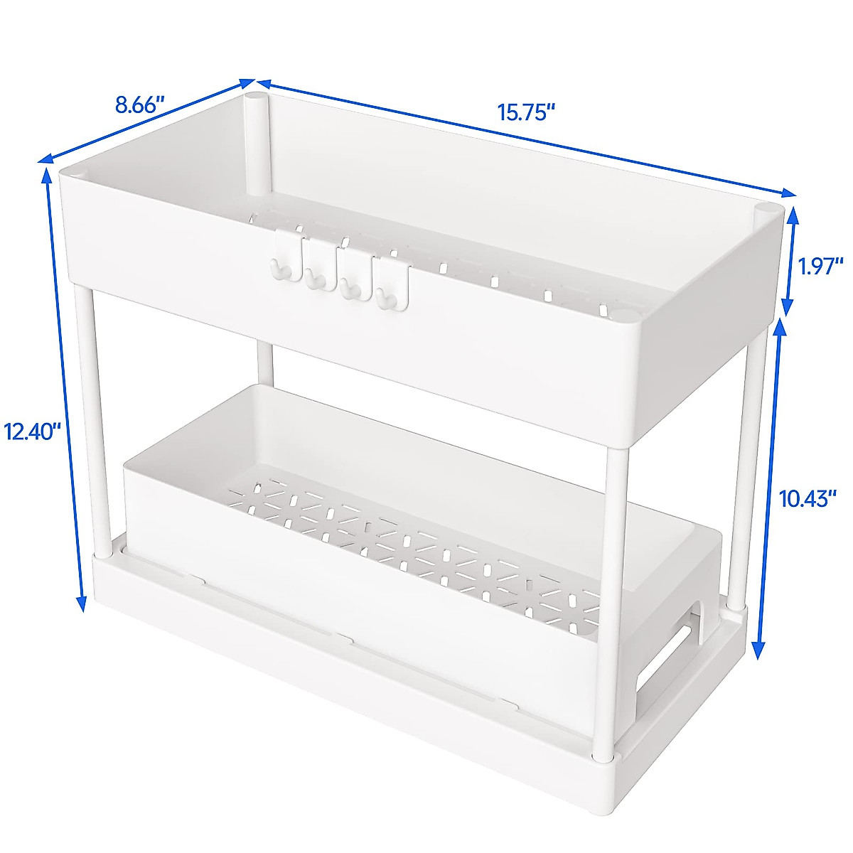 Under Sink Organizers and Storage,2 Tier Under Bathroom Storage Rack with 4 Hooks,Multi-purpose Storage Shelf for Bathroom Kitchen(White)