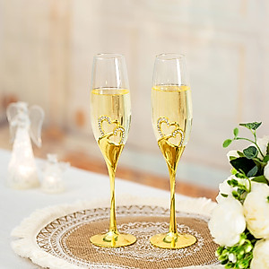 Wedding Champagne Glass Set Gold Toasting Flute Glasses Deluxe Pack of 2 with Rhinestone Rimmed Hearts Decoration for Wedding, Anniversary and Special Occasions