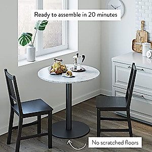 Nathan James Bistro Lucy Small Mid-Century Modern Kitchen or Dining Table with Faux Carrara Marble Top and Brushed Metal Pedestal Base, Black, 31.5D x 31.5W x 29H in