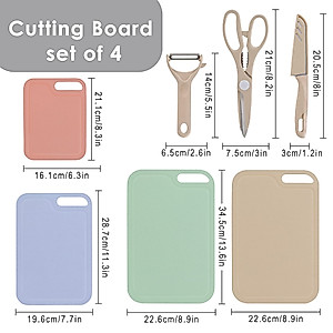 Arquiel Plastic Cutting Boards for Kitchen, 7 Pcs Multiple Size Cutting Boards with Fruits Vegetable Peeler Scissors Knife Set, Camping Kitchen Apartment Essentials