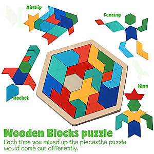 3 Pack Hexagon Wooden Puzzle Wood Russian Blocks Tangram Puzzle Brain Teaser Puzzles Geometric Jigsaw Block Russian Blocks Logic IQ STEM Montessori Toy for All Ages Kid Adult Intelligence (Fancy)