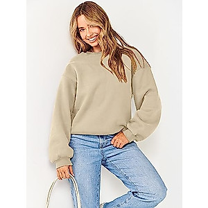 Caracilia Women's Long Sleeve Sweatshirts Crewneck Loose Fit Cotton Fuzzy Khaki Pull Over 2023 Fall Fashion Outfits Oversized Cute Teen Girls Solid Y2K Fleece Hoodie C102A6-zongse-M
