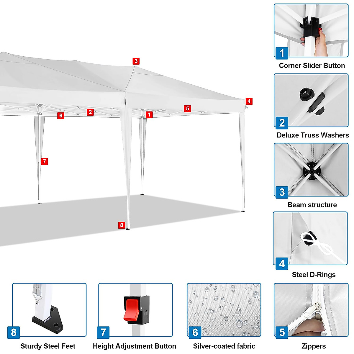 COBIZI Canopy 10x20 Pop Up Canopy Tent with 6 Sidewalls Ez Pop Up Tent 10x20 Waterproof Commercial Instant Shelter Tent UPF 50+ Portable Gazebo Wedding Tents for Parties Carport Vender Events, White