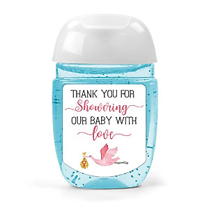 Hand Sanitizer Labels Thank You for Showering Our Little One with Love Stickers, Baby Shower Favor Stickers, Baby Shower Party Favors for Girl.