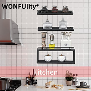 WONFUlity 3-Shelf Bathroom Shelves, Floating Shelves with Storage Basket, Over Toilet Paper Holder, Farmhouse Wood Wall Shelves for Living Room, Kitchen, 16x5.9x5.5 inches, Walnut