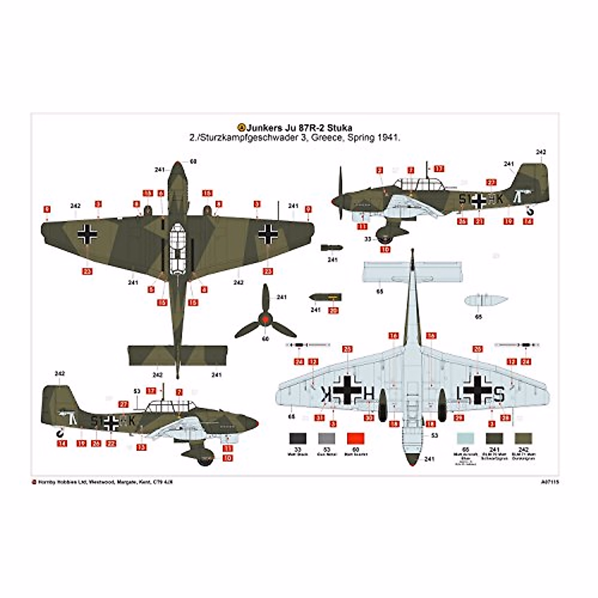 Airfix Junkers Ju87R-2/B-2 Stuka 1:48 WWII Military Aviation Plastic Model Kit A07115, Red