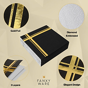 Fanxyware Gold on Black Cocktail Napkins - 100 Pack, 5" x 5", 3-Ply Paper - Style Name: Blissful Crossing