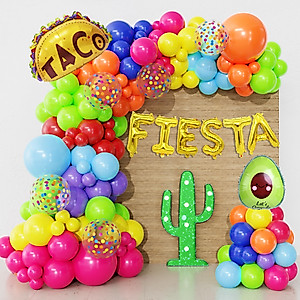 Ouddy Life 121Pcs Mexican Fiesta Taco Party Decorations, Fiesta Balloon Arch Garland Kit Cinco De Mayo Decor with Cactus Avocado Taco Mexican Hat for Carnival Festival Birthday Baby Shower Supplies