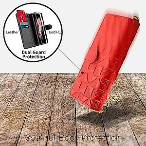 Qoosan Genuine Leather Designed for Samsung Galaxy Z Fold 5 Wallet Case (2023) Hinge Protection 360 Cover Flip Phone Case with Card Holder Strap, Red