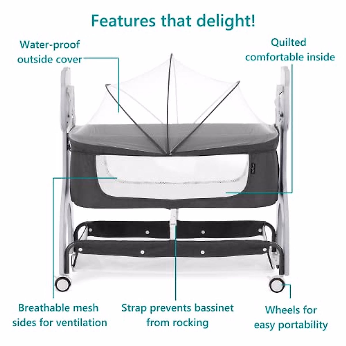 Dream on Me Cub Portable Bassinet in Dark Grey, Multi-Use Baby Bassinet with Locking Wheels, Large Storage Basket, Mattress Pad Included, JPMA Certified