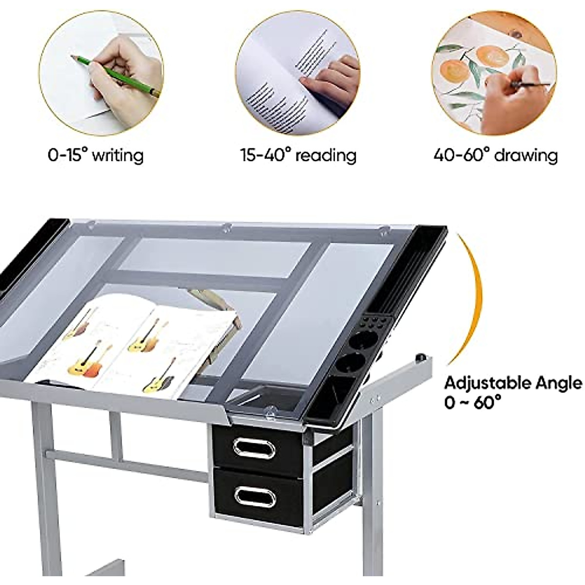 JupiterForce Adjustable Drafting Table Drawing Desk Art Desk Versatile Art Craft Work Station Glass Tabletop w/2 Slide Drawers and Wheels for Reading, Writing, Painting Home Office