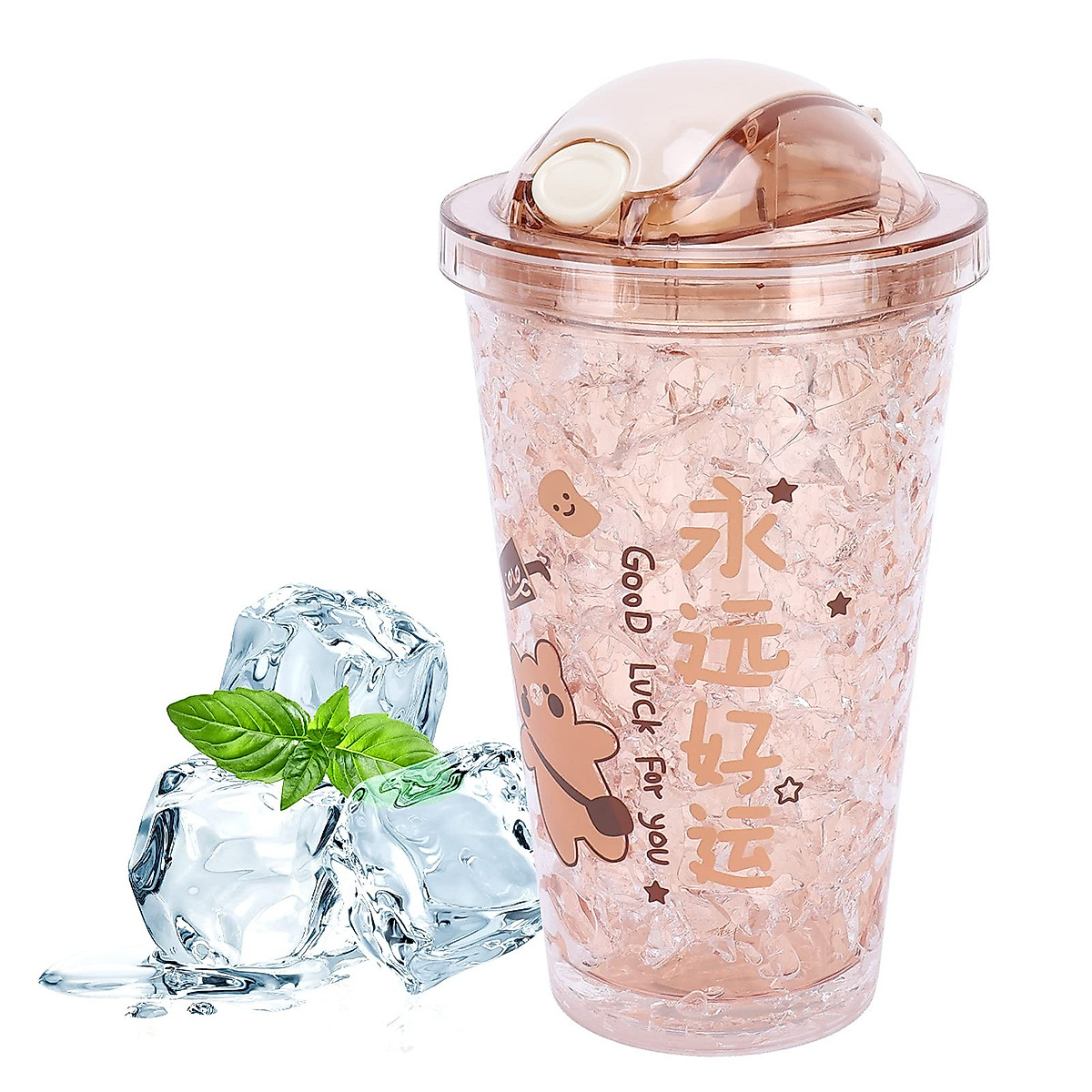 Cute Water Tumbler, 450ml Water Drinking Cup Reusable Double Wall Water Bottle with Straw Kawaii Water Bottle for Home Travel Tumbler(Brown)