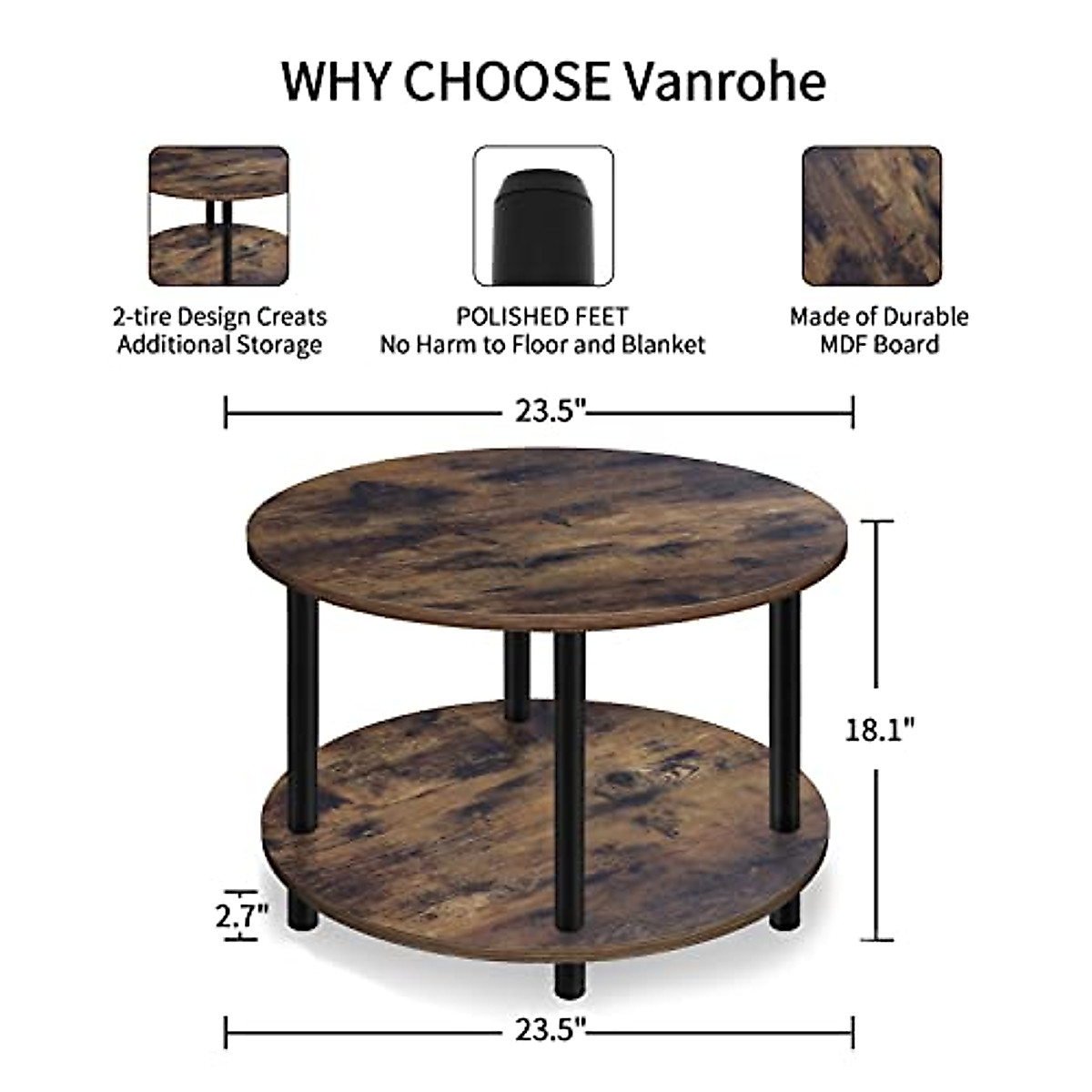 Vanrohe Small Round Coffee Table for Small Space, 23.5" 2-Tier Rustic Brown Wooden Coffee Table with Open Storage for Living Room/Balcony/Office, Metal Legs, Easy to Assemble
