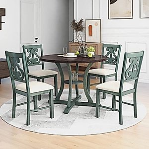 YUNLife&Home 5 Piece Kitchen and Dining Furniture Set,Round Table and Fabric Special-Shaped Legs & Exquisitely Designed Hollow Chairs Backn for Living Room/Breakfast Nook/Dinette, Antique Blue