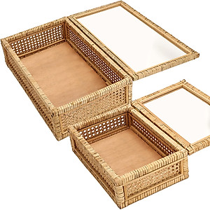 Set of 2 Boho Rectangular Rattan Decorative Boxes with Glass Lids Woven Cane and Rattan Display Boxes with Lids Storage Basket Bins for Home Decor (15.4 x 9.5 x 7.1 Inch, 12.6 x 6.7 x 4.3 Inch)