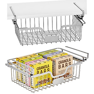 mDesign Wire Under Shelf Organizer for Cabinet - Sliding Basket for Under Cabinet Shelf - Hanging Storage Organizer Rack for Kitchen and Pantry with Label Space - Carson Collection - 2 Pack - Chrome