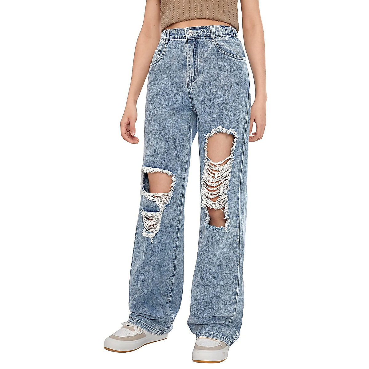 Verdusa Girl's Casual Distressed Ripped Elastic Waist Wide Leg Denim Pants Jeans Light Wash 14Y