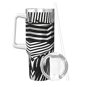 HULIBIN Black & White Stripe Print Double Deck Stainless Steel Travel Coffee Cup With Lid 40 Oz Ice Bully Cup