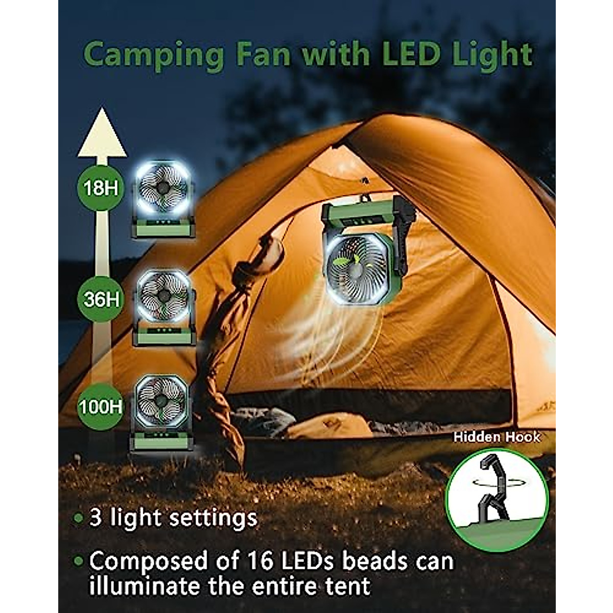 TDONE Camping Fan Portable Rechargeable Fan 20000mAh 8-Inch Battery Operated Fan with LED Lights & Hook, Personal Desk Fan for Home, Office, USB Battery Powered Fan for Tent, Camping, Fishing