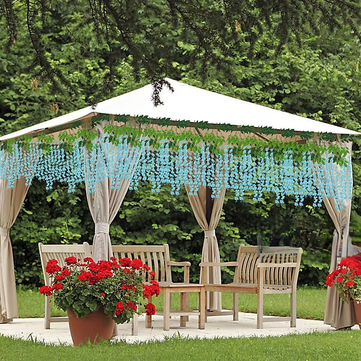 WONICE Artificial Flowers Hanging Flowers, Fake Wisteria Flower Garland Silk Vines Rattan String Decor for Home Wedding Arch Wall Garden Greenery Bedroom Outdoor Office Party Decoration (48 Pack)