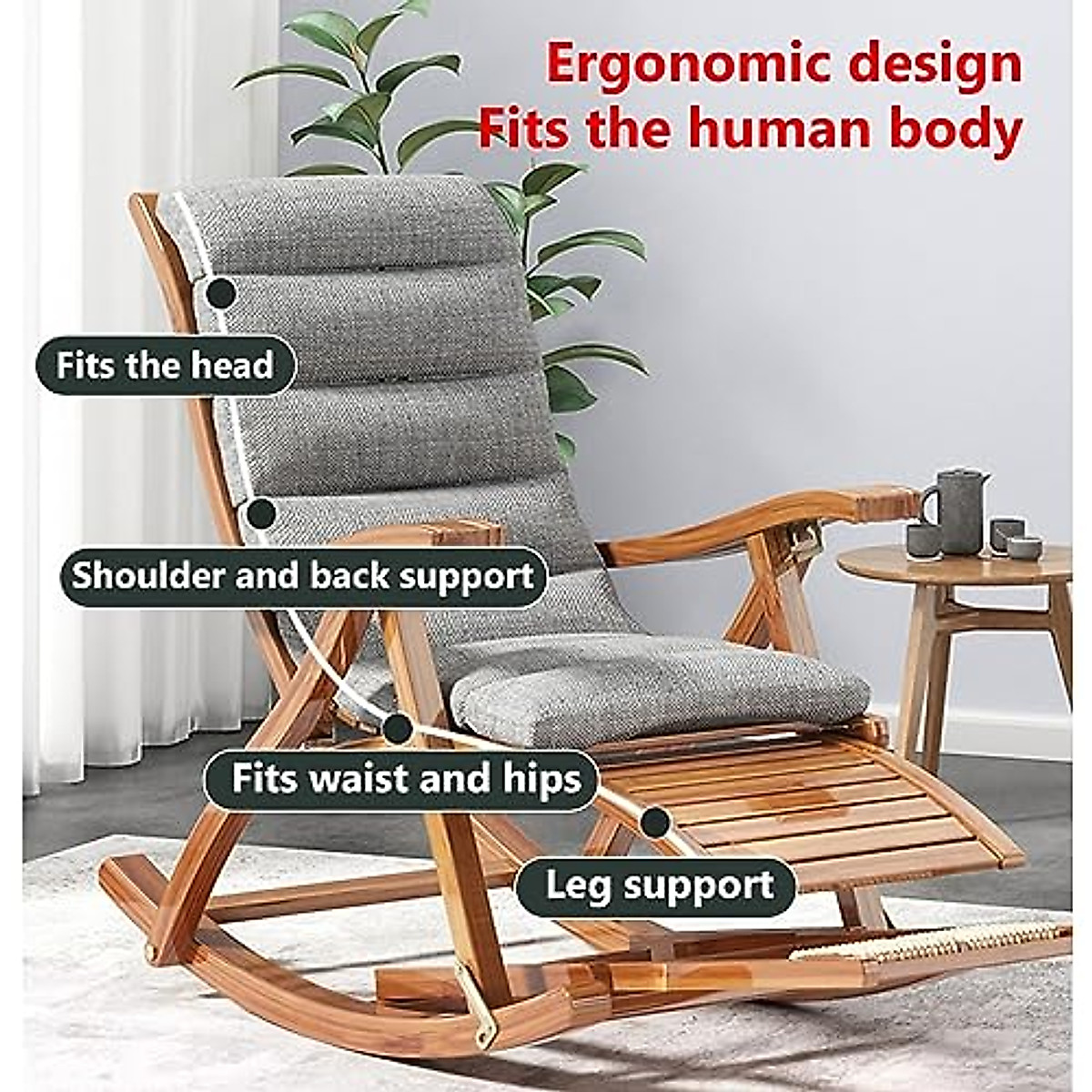 LEIYTFE Garden Bamboo Rocking Chair Folding Reclining Patio Chairs Adjustable Back Balcony Lounge Chair with Foot Massage,Upholstered Rocker Chair for Elderly (Color : Gray, Size : Log)