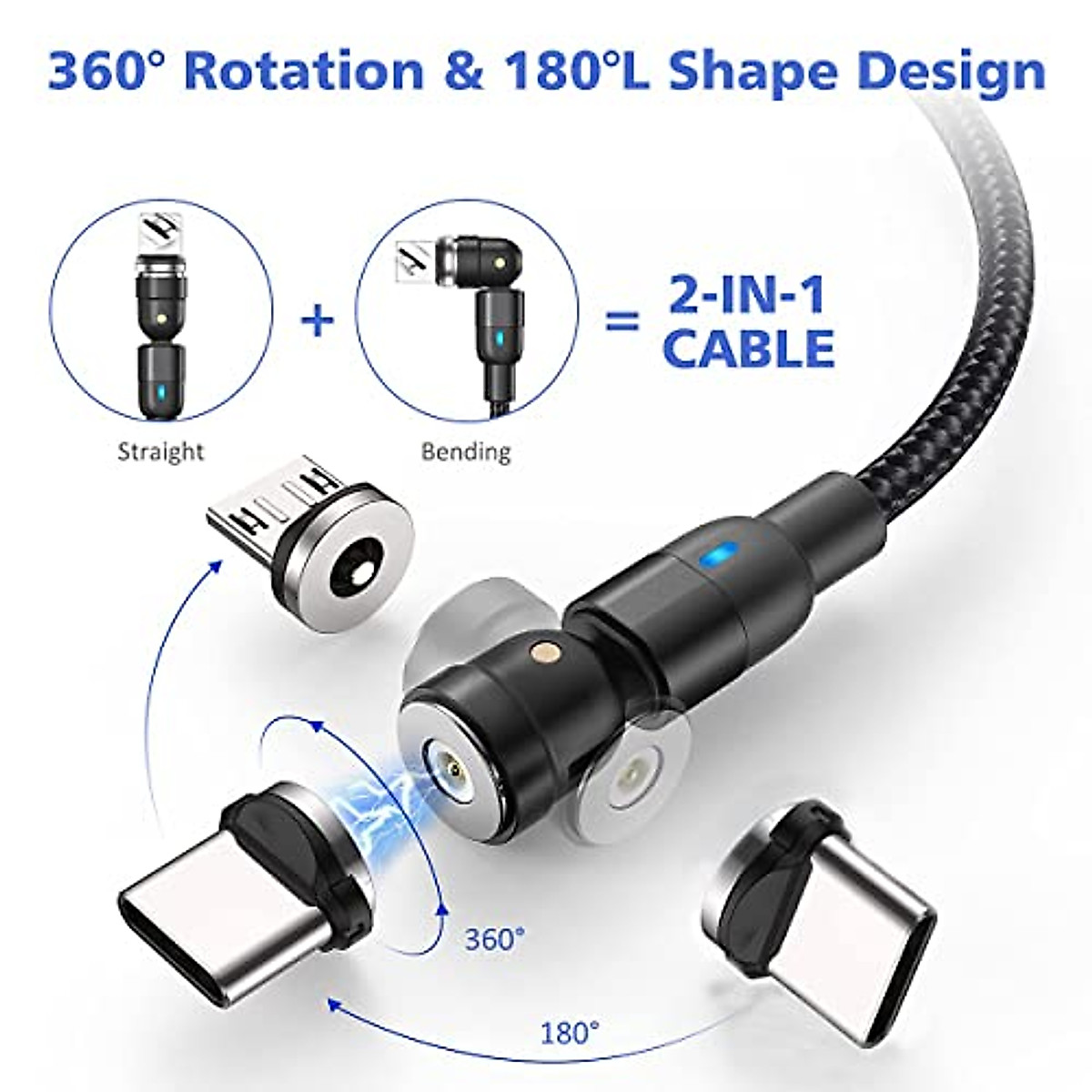 Yidawin Magnetic Charging Cable (4 Pack 1.6ft+3.3ft+6.6ft+10ft), 540° Rotation Magnetic USB Cable, Nylon Braided Magnetic Phone Charger Cable for Type C, Micro USB, iProduct