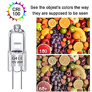 TAIYALOO G4 Bulb 12 Pack Crystal Clear Halogen Light Bulb 2 Pin 12V 20W JC T3 Bi-Pin G4 Base Dimmable 2700K Warm White 2 Prong Light Bulb for Under Cabinet Puck Light, Chandeliers, Landscape Lighting