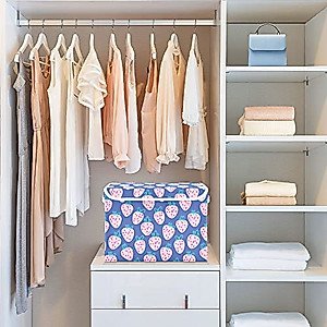CaTaKu Strawberry Cute Blue Storage Bins with Lids Fabric Large Storage Container Cube Basket with Handle Decorative Storage Boxes for Organizing Clothes Shelves