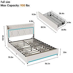 Full Size Bed Frame with Storage Headboard and 4 Drawers, Platform Bed Frame with Charging Station & RGB Lights, Noise-Free, Heavy Duty Wood Slats, No Box Spring Needed, Noise-Free