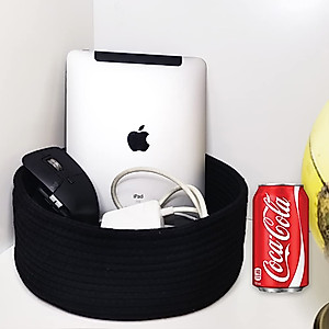 Hispqser Large Black Woven Basket, Round Cotton Rope Basket with Handle Empty Gift Basket to Fill Decorative for Toys Hamper Nursery Sturdy Thicken Storage Bathroom Living Room 10.6 * 10.6 * 3.5in