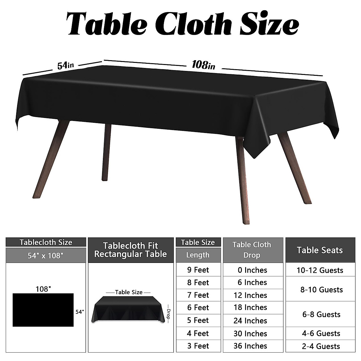 Vrisssot 12-Pack Black Plastic Tablecloth-54 x 108 in.Plastic Tablecloths for Rectangle Tables,Disposable Table Cloths for Parties,Banquet,Birthdays, Weddings.